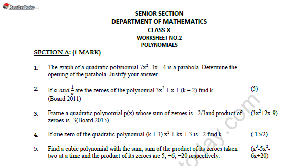 CBSE Class 10 Mathematics Polynomials Worksheet Set B